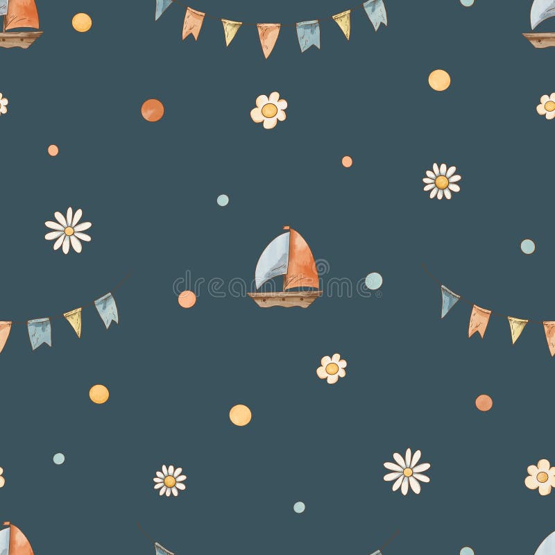 Cute Cartoon Ship Seamless Pattern, Watercolor Summer Texture Stock ...