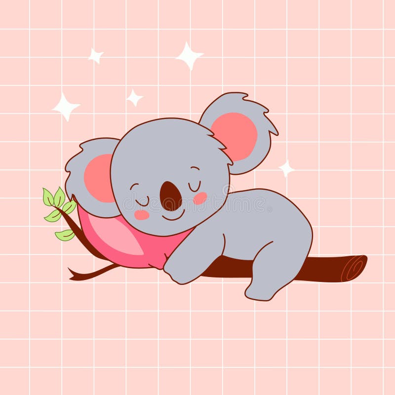 Cute Cartoon Sleeping Koala on Branch with Pink Pillow Stock ...
