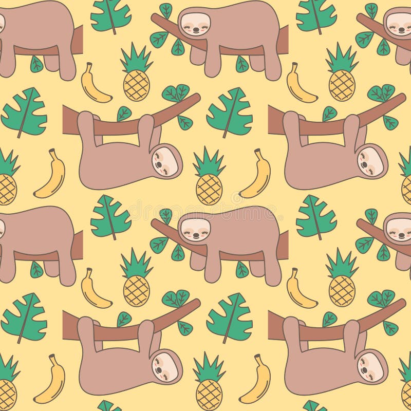 Seamless Pattern With Cute Jungle Sloths On Green Background Stock ...