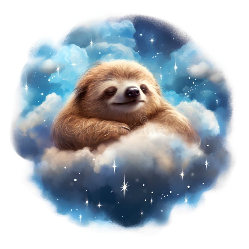 Cute Cartoon Sloth Sleeping on the Cloud in the Night Sky Stock ...