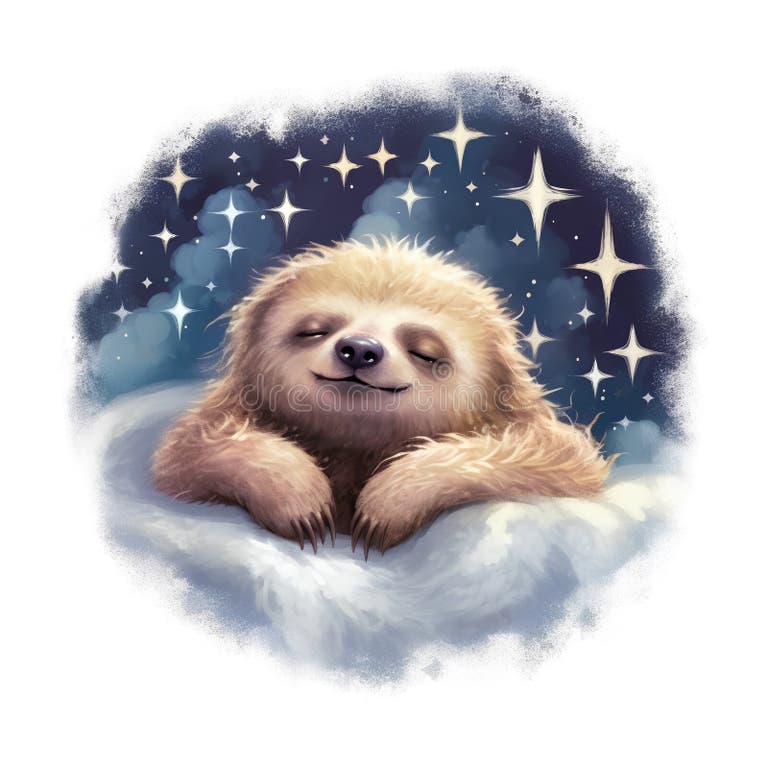 Cute Cartoon Sloth Sleeping on a Cloud in the Night Sky Stock ...