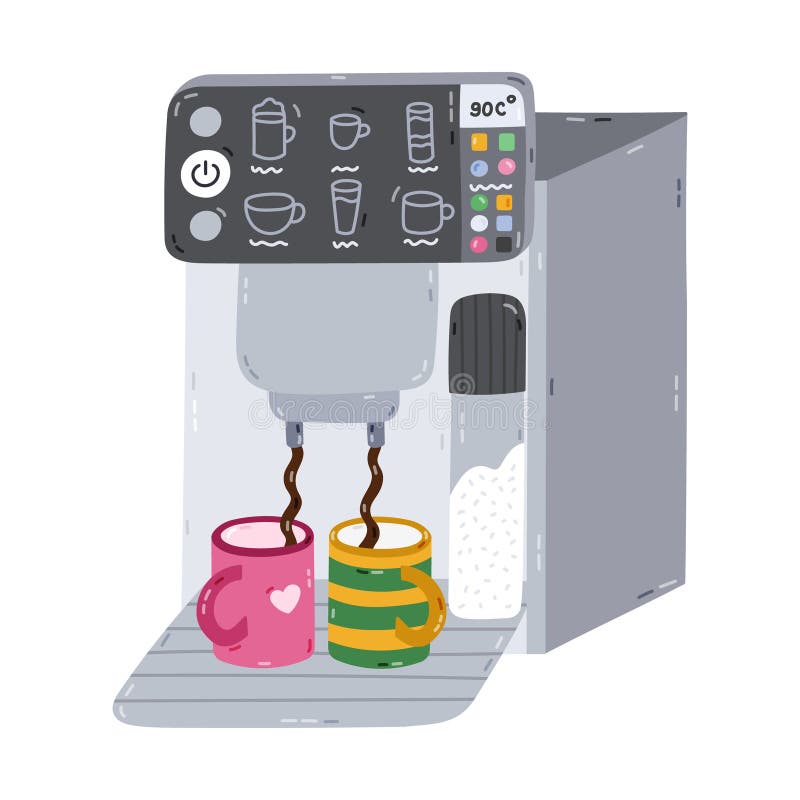 Cute Cartoon Smart Coffee Machine Making Coffee in Mugs, Multiple ...