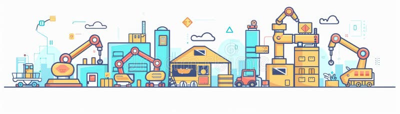 A Cute Cartoon of a Smart Factory with Robots Ensuring Efficiency Stock ...