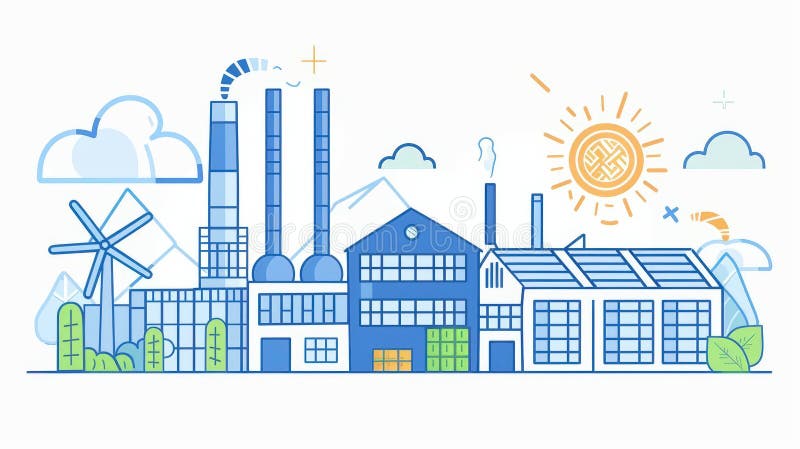 A Cute Cartoon of a Smart Factory with Sustainable Practices Stock ...