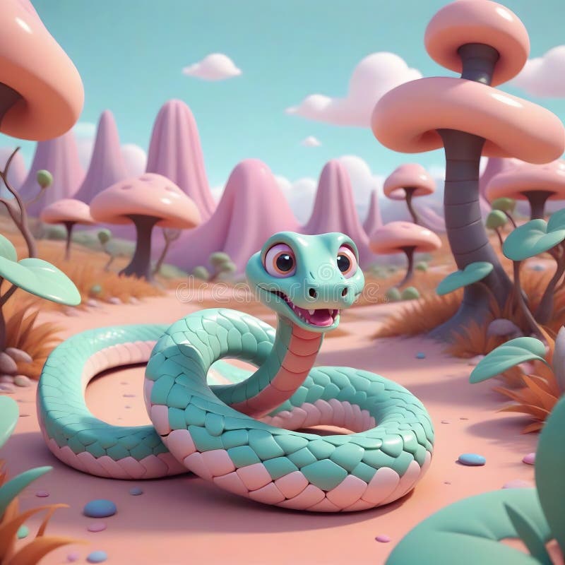 Cute Cartoon Snake in a Whimsical Landscape Stock Illustration ...