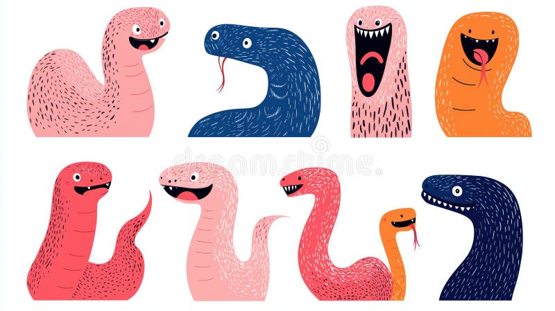 Cute Cartoon Snakes with Various Expressions and Colors Stock ...