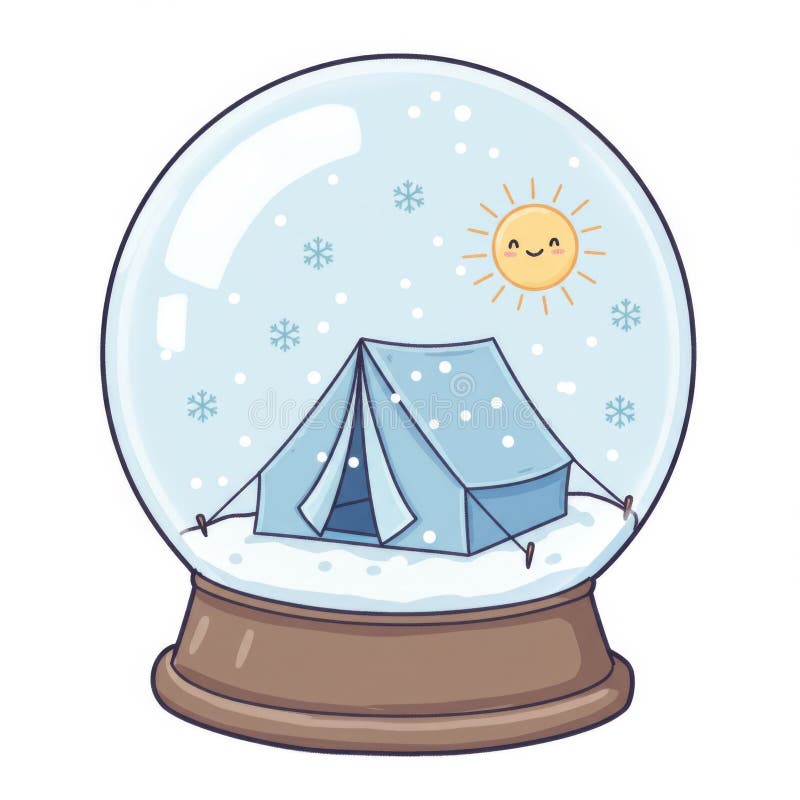 Cute Cartoon Snow Globe with Winter Camping Scene Stock Illustration ...