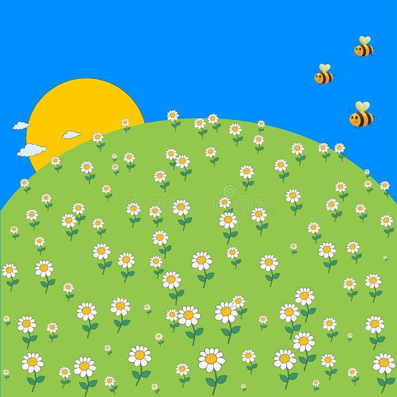 Cute Cartoon Spring Meadow with Daisy Flowers and Flying Bee. Stock ...
