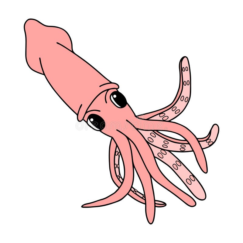 Cute Cartoon Squid. Coloring Book or Page for Kids. Sea Life Stock ...