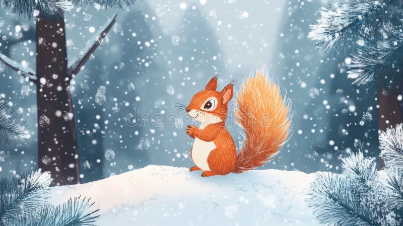 Cute Cartoon Squirrel Standing in a Snowy Winter Landscape Stock ...