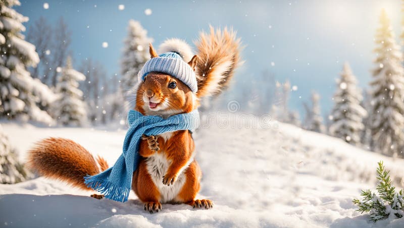 Cute Cartoon Squirrel in a Winter Clearing Funny Stock Illustration ...