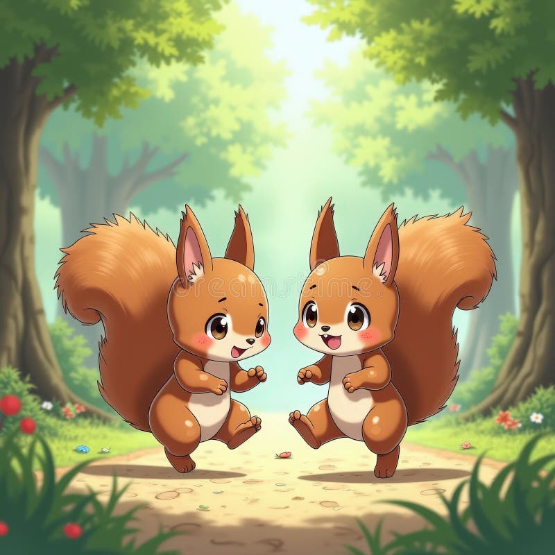 Cute Cartoon Squirrels Dancing in the Forest AI Generated. Stock ...