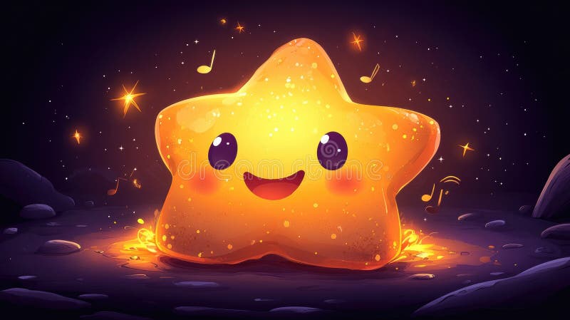 Cute Cartoon Star Smiling with Musical Notes and Sparkles in Night Sky ...