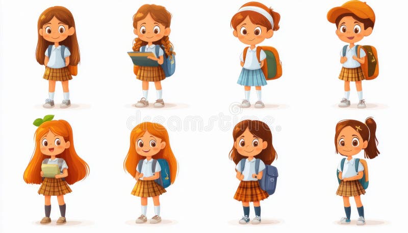 Cute Cartoon Students with Backpacks Posing in Different Poses Stock ...