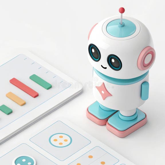 A Cute, Cartoon-style AI Robot Alongside a Digital Interface Displaying ...
