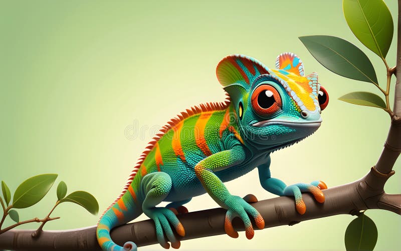 Cute Cartoon Style Chameleon Character on Olive Branch Banner Solid ...