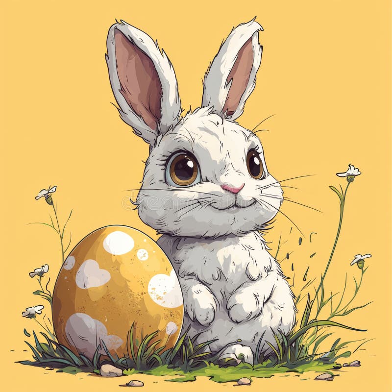 Cute Cartoon Style Easter Bunny with Yellow Egg in Grassy Field Stock ...