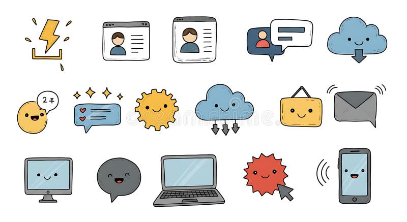 Cute Cartoon-style Icons Represent Various Digital Concepts. Includes a ...