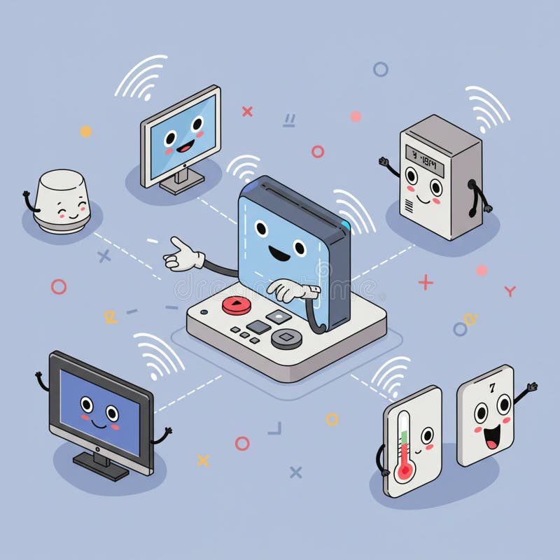 Cute Cartoon-style Illustration Featuring Various Electronic Devices ...