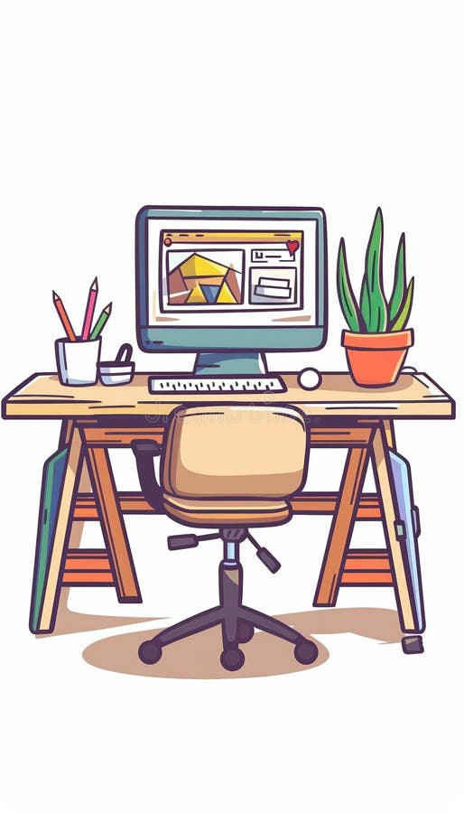A Cute Cartoon Style OfA Creative Workspace with Art Supplies and a ...