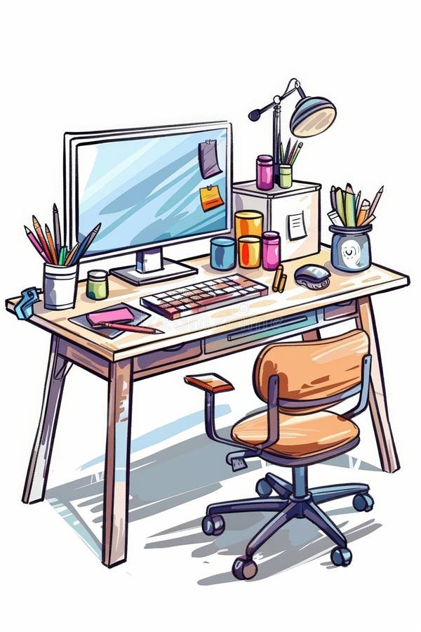 A Cute Cartoon Style OfA Creative Workspace with Art Supplies and a ...
