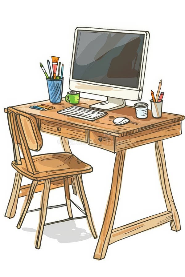 A Cute Cartoon Style OfA Creative Workspace with Art Supplies and a ...