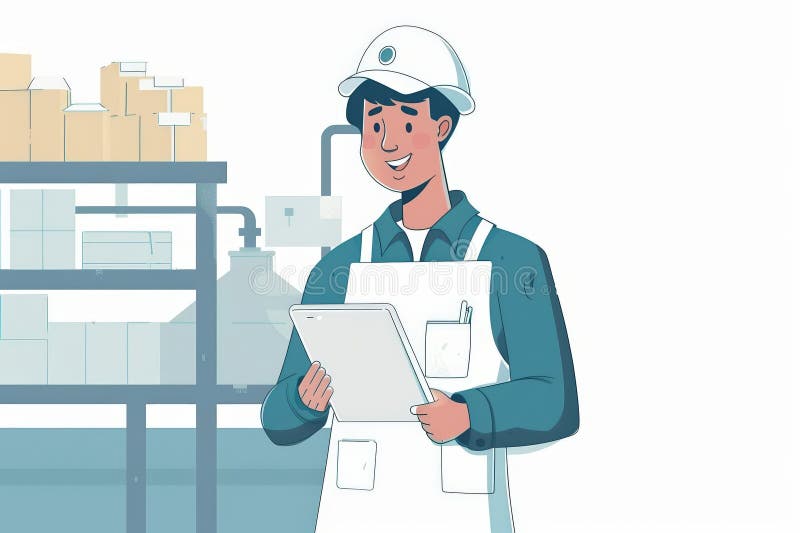 A Cute Cartoon Style OfA Factory Worker Using a Tablet To Access ...