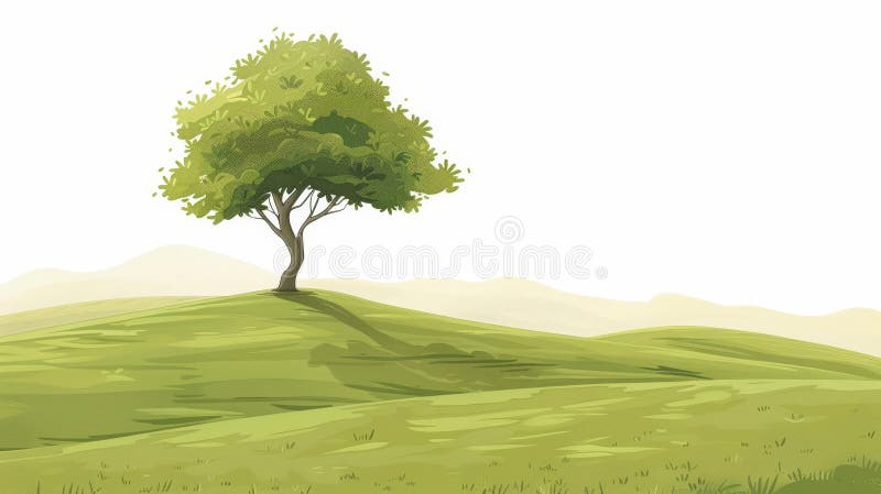 A Cute Cartoon Style OfA Lone Tree in the Middle of a Vast Empty Field ...