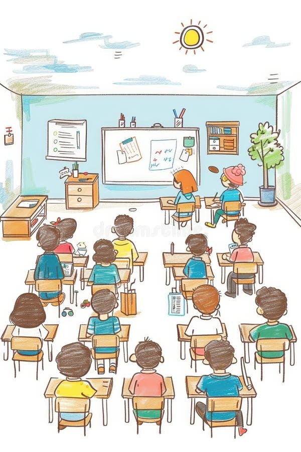 A Cute Cartoon Style OfA Modern Classroom with Students Engaged in a ...