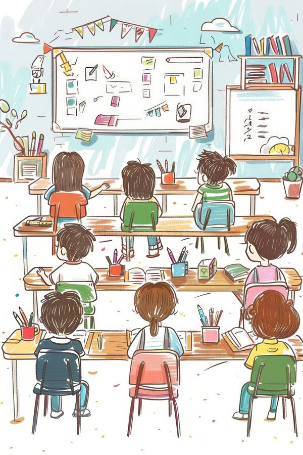 A Cute Cartoon Style OfA Modern Classroom with Students Engaged in a ...
