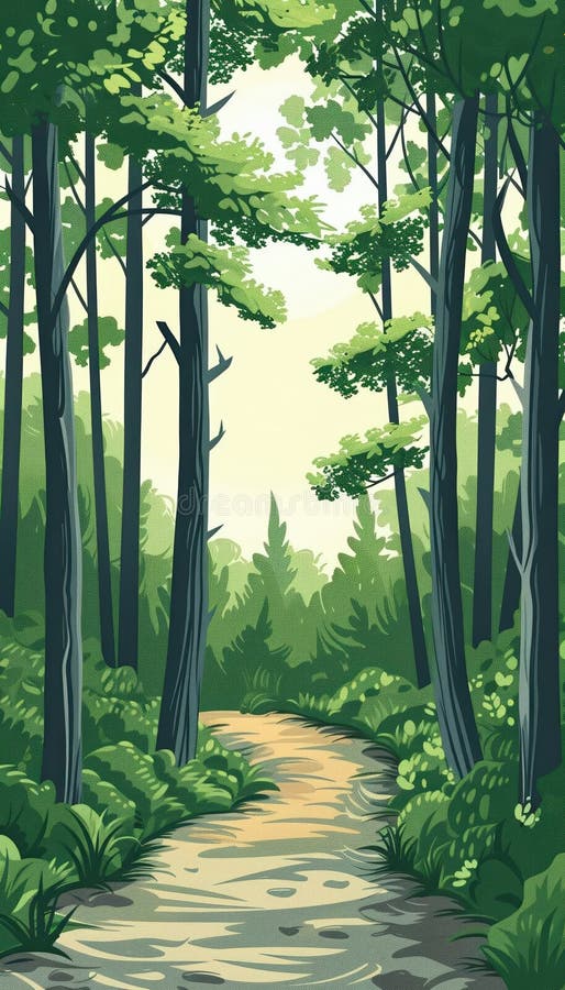 A Cute Cartoon Style OfA Peaceful Forest Path with Sunlight Filtering ...