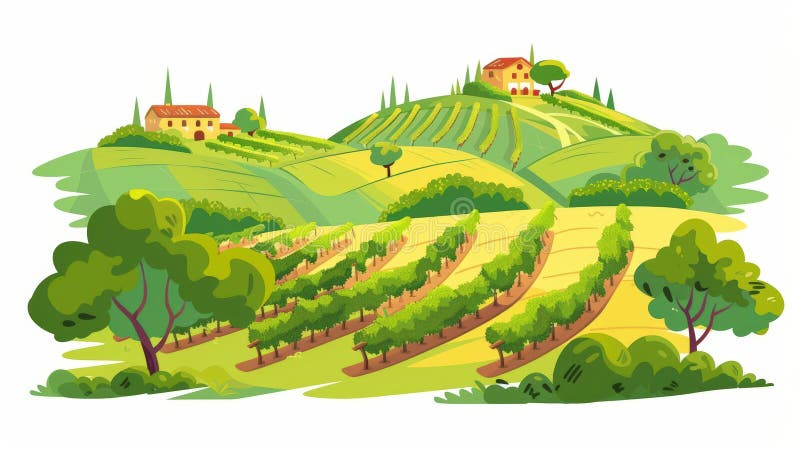 A Cute Cartoon Style OfA Picturesque Vineyard with Rows of Grapevines ...