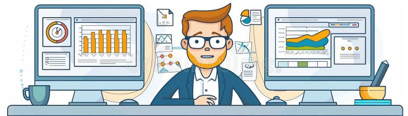 A Cute Cartoon Style OfA Production Manager Analyzing Data from an ERP ...