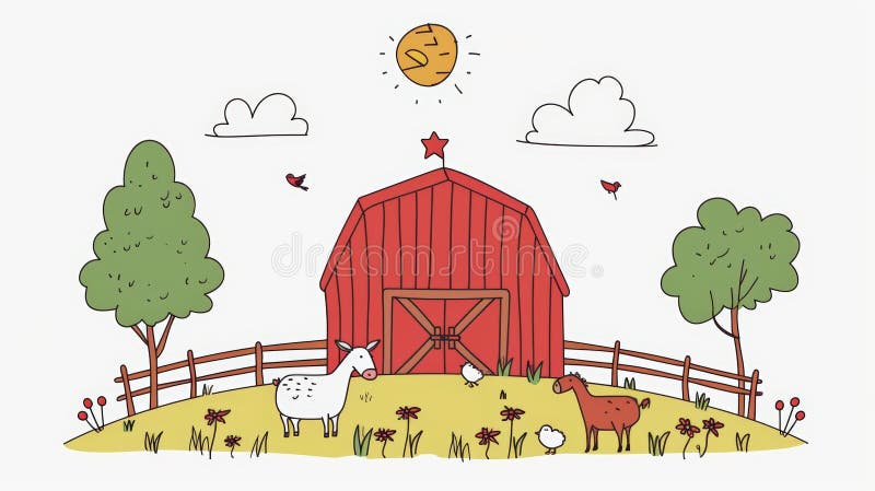 A Cute Cartoon Style OfA Rustic Farm Scene with a Red Barn Grazing ...