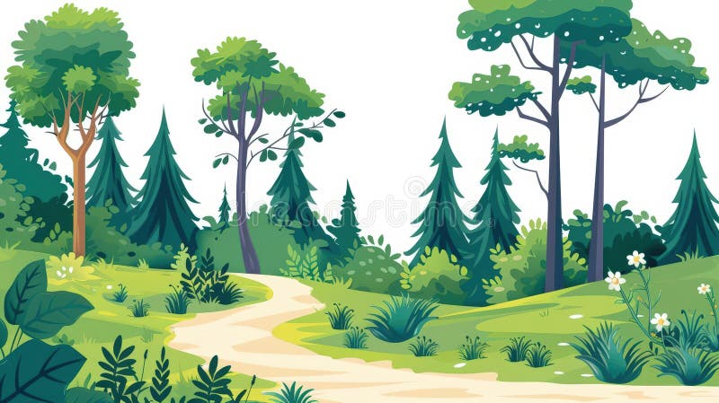 A Cute Cartoon Style OfA Serene Forest with a Winding Path Tall Trees ...