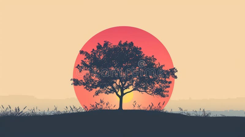 A Cute Cartoon Style OfA Serene Sunset with a Minimalistic Silhouette ...