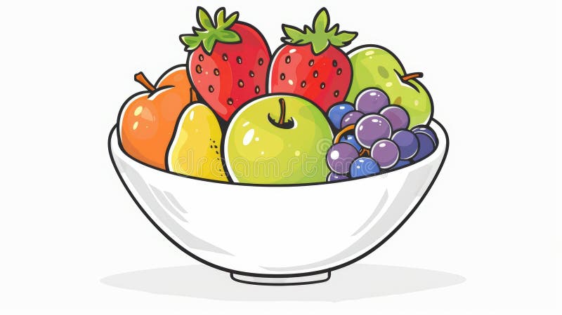 A Cute Cartoon Style OfA Simple Bowl of Fresh Fruit on a Clean White ...