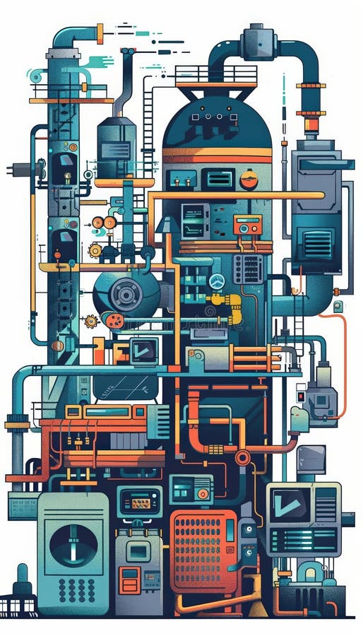 A Cute Cartoon Style OfA Smart Factory with Interconnected Machines and ...