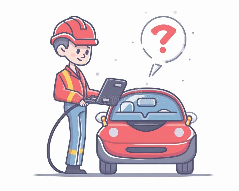 A Cute Cartoon Style OfA Technician Using Digital Tools To Diagnose an ...