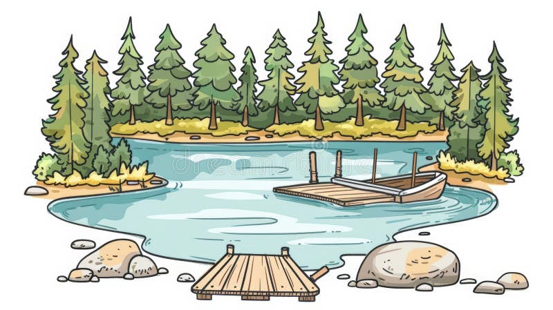 A Cute Cartoon Style OfA Tranquil Lake with a Dock a Small Boat and a ...