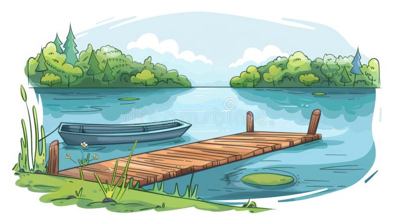 A Cute Cartoon Style OfA Tranquil Lake with a Dock a Small Boat and a ...