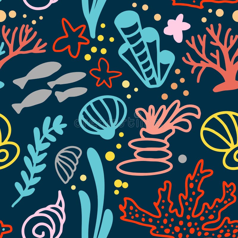 Cute Cartoon Style Pattern with Different Stylized Corals and Shells ...