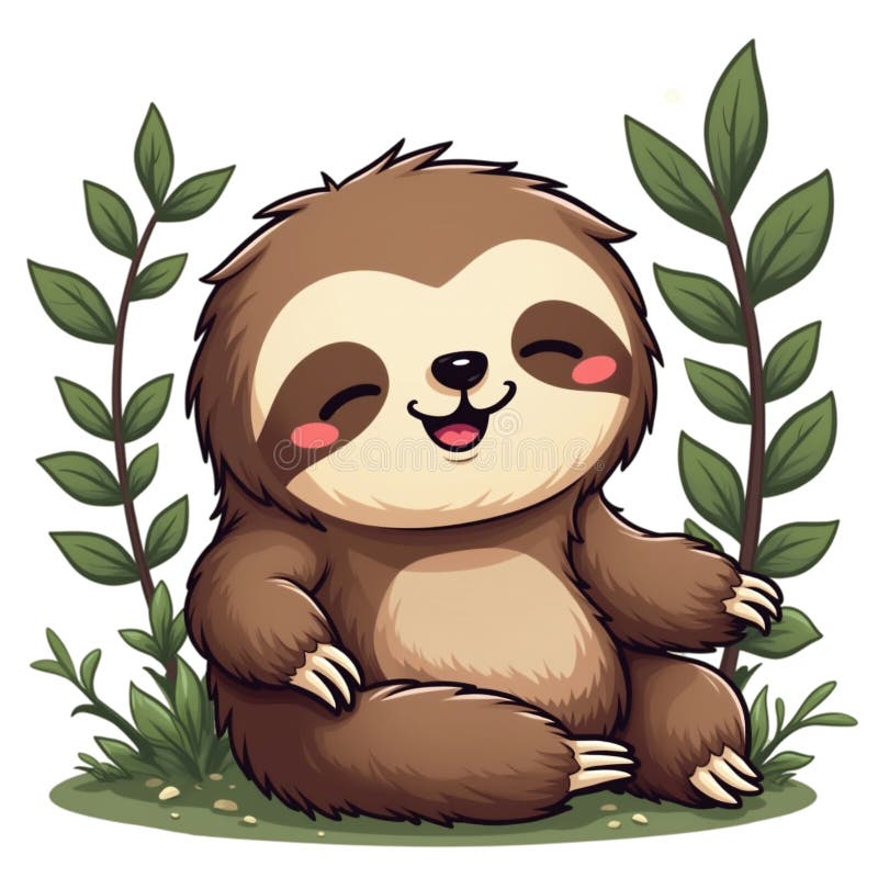 A Cute, Cartoon-style Sloth Sits Happily among Green Plants Stock Image ...