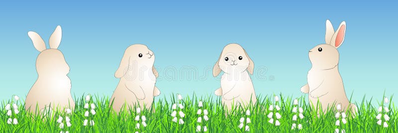 Cute Cartoon Style White Bunnies in the Spring Meadow. Vector ...
