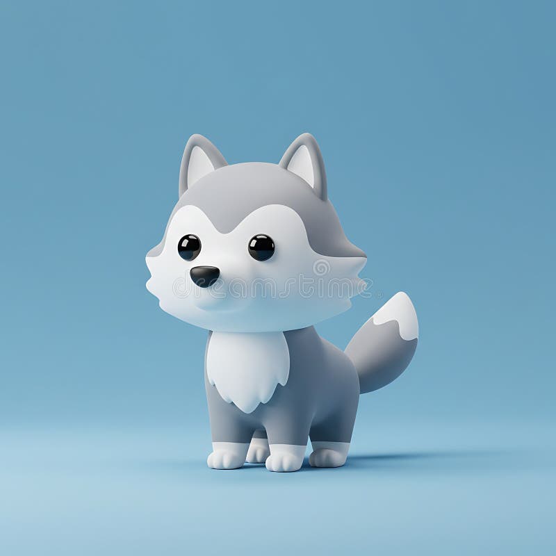 A Cute, Cartoon-style Wolf Figure Set Against a Solid Blue Background ...
