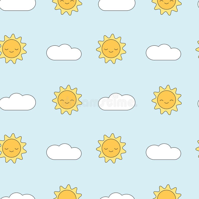 Cute Cartoon Sun and Clouds Seamless Vector Pattern Background ...