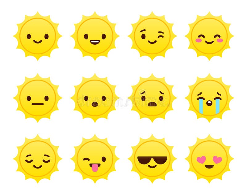 Cute Cartoon Sun Emoticons Set Stock Vector - Illustration of heart ...