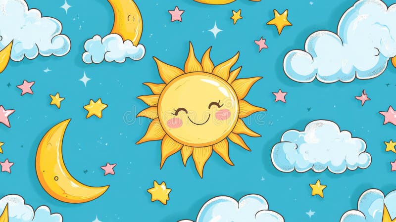 Cute Cartoon Sun Moon and Stars Seamless Pattern Stock Illustration ...