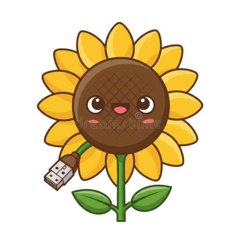 Cute Cartoon Sunflower with USB Cable Stock Illustration - Illustration ...