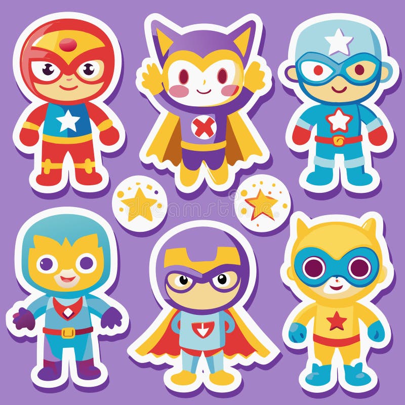 Cute Cartoon Superhero Character Stickers Set Stock Vector ...